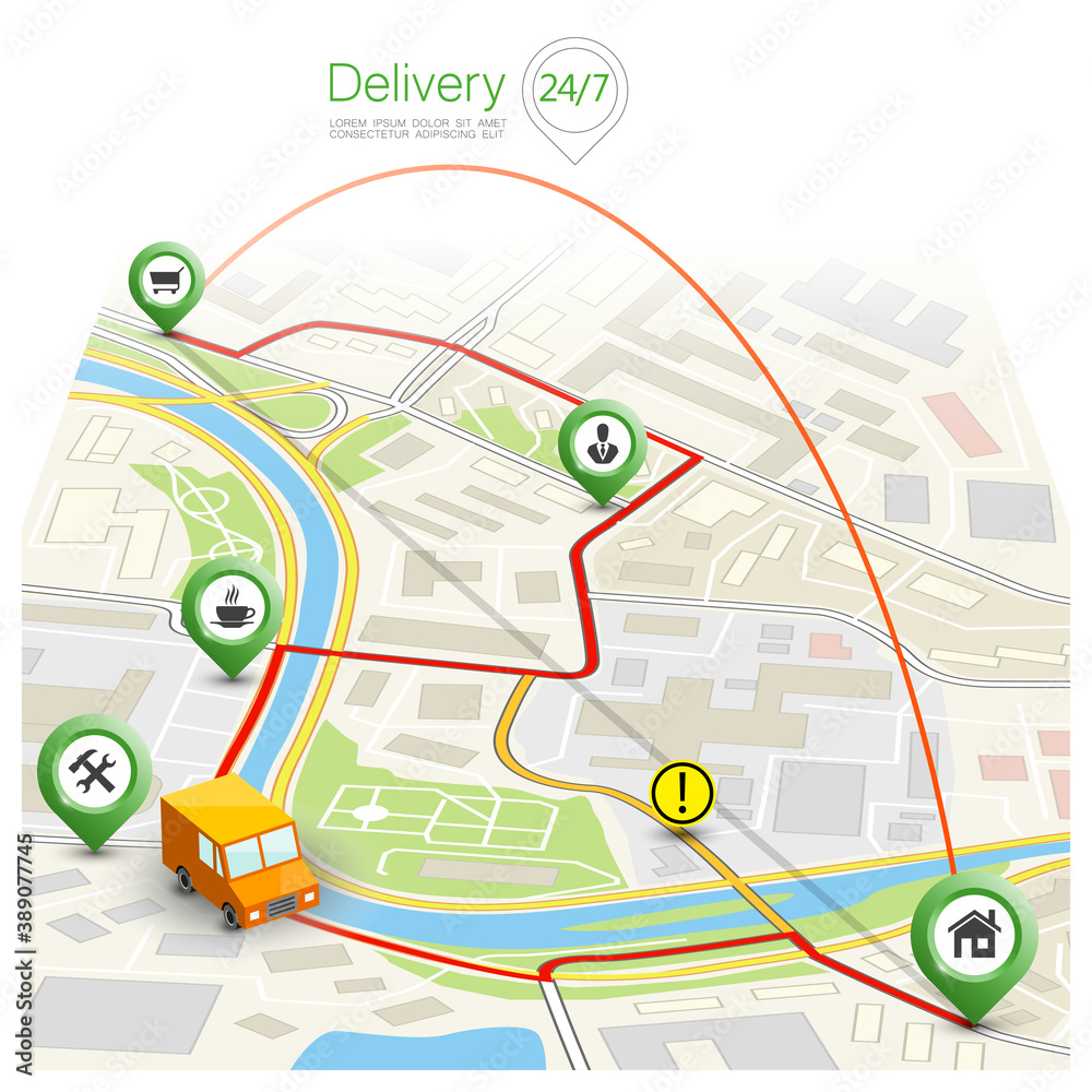 City map navigation delivery route, point markers delivery van, drawing ...