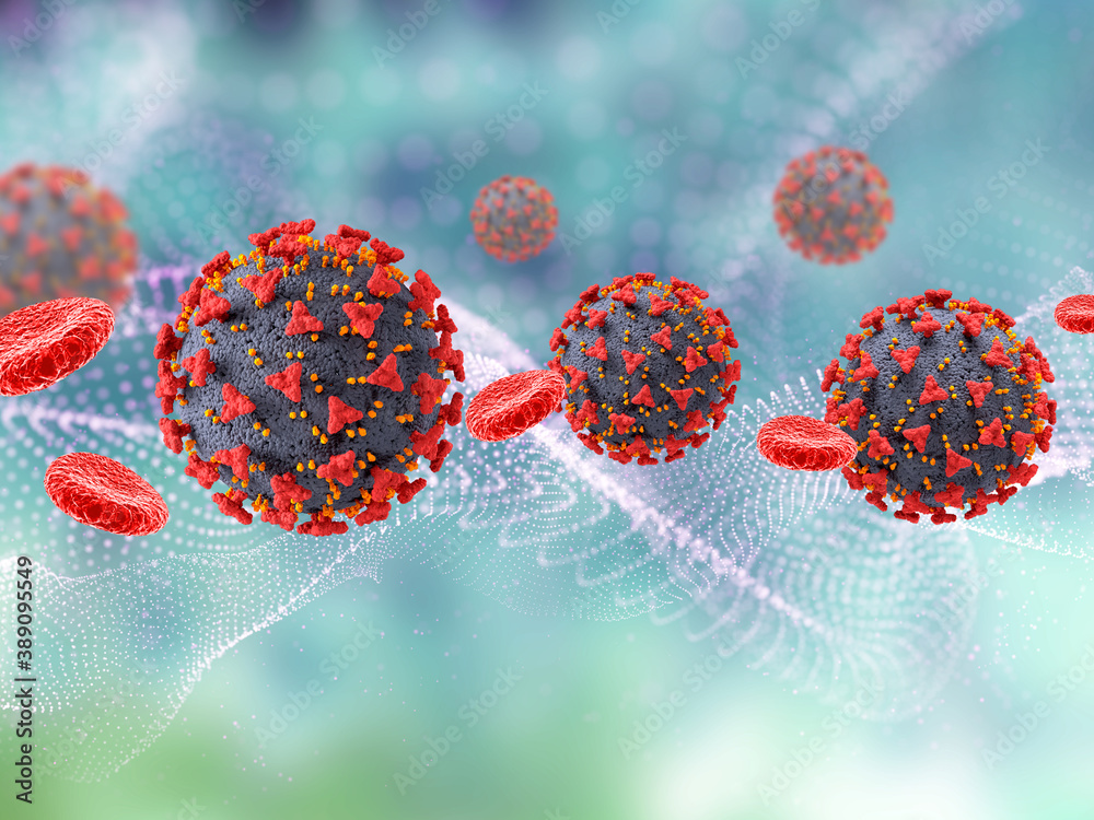 3D medical background with Covid 19 virus cells and blood cells Stock ...