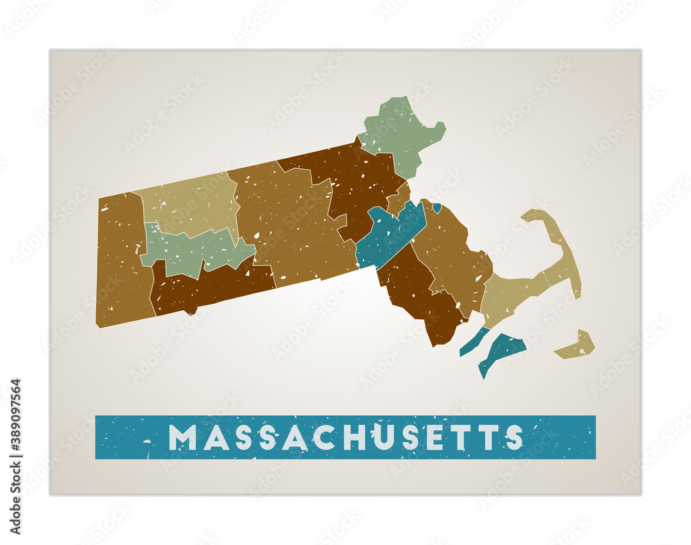Massachusetts map. Us state poster with regions. Old grunge texture ...