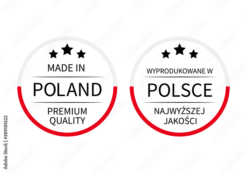 Made in Poland round labels in English and in Polish languages ...