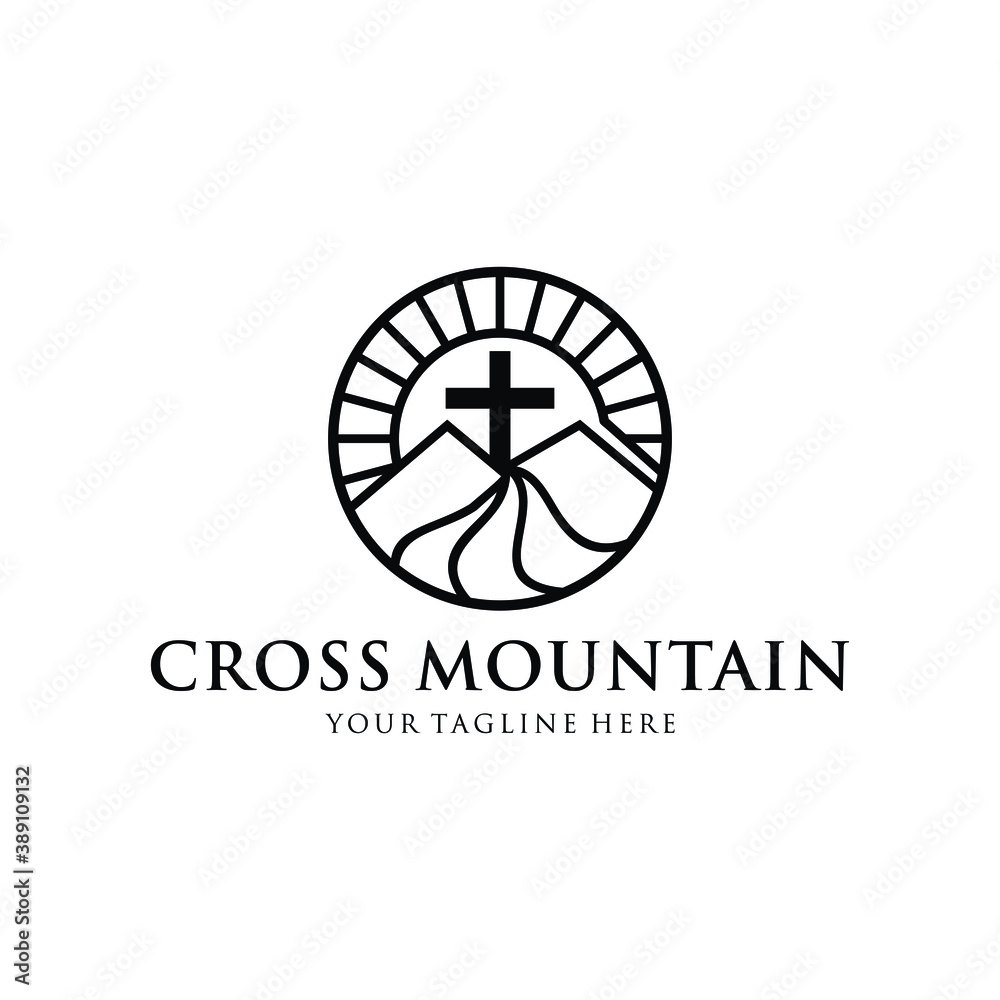 Church logo. Mountain, sun, cross. logo design vector template on a ...