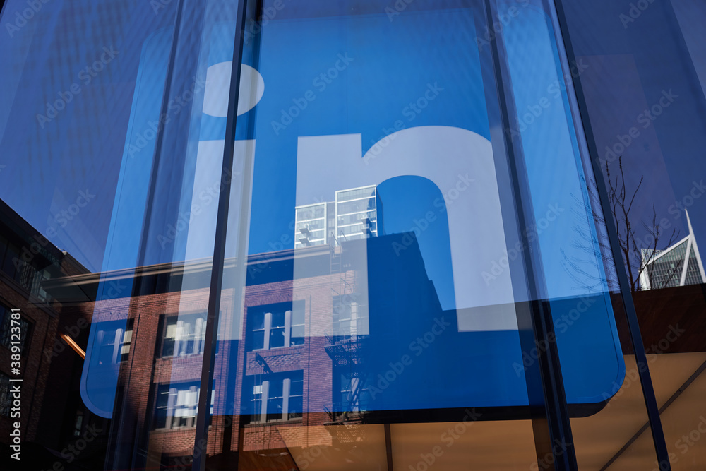 San Francisco, CA, USA - Feb 8, 2020: Closeup of the LinkedIn logo seen ...