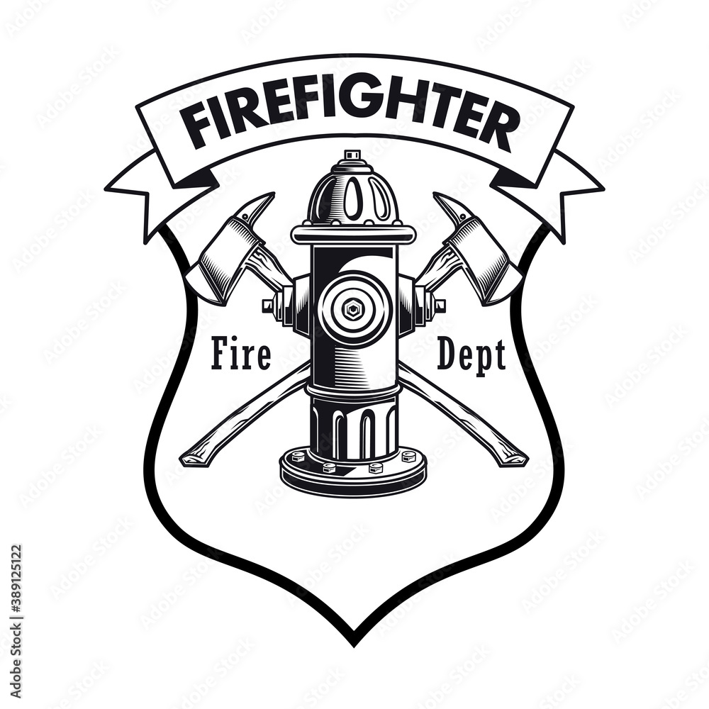 Firefighter badge with hydrant vector illustration. Crossed axes and ...
