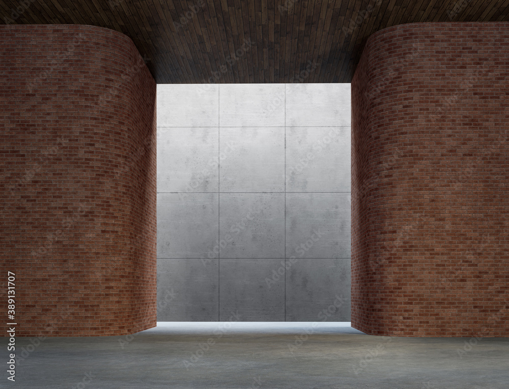 Modern loft space interior 3d render,There are round corner brick wall ...