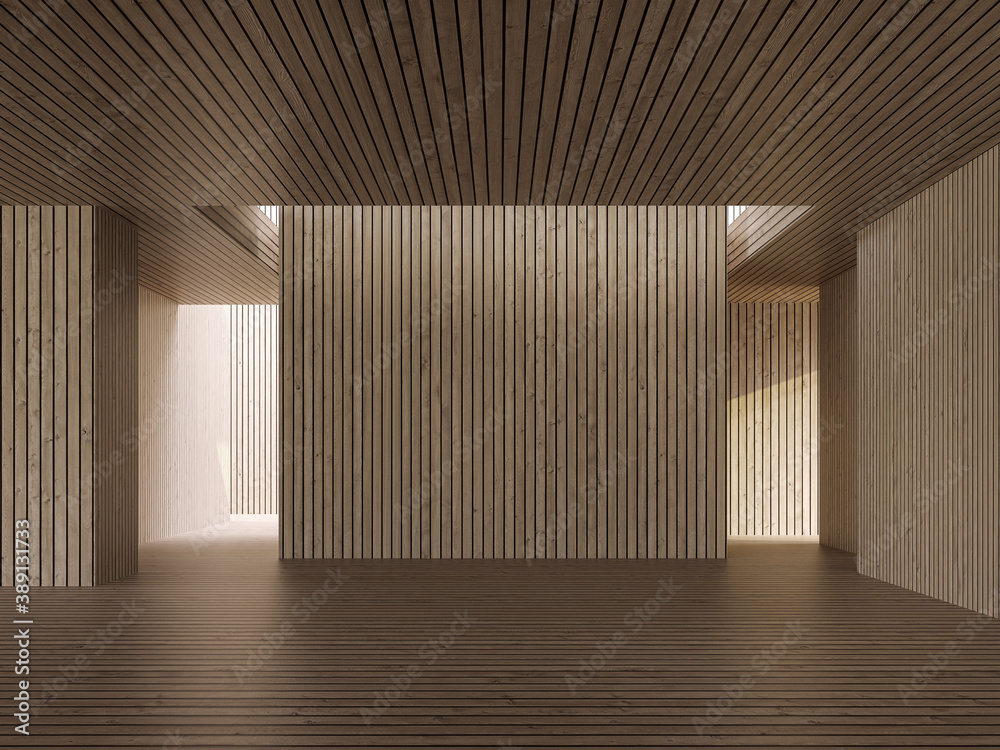 Wood plank room modern contemporary interior space 3d render with empty ...