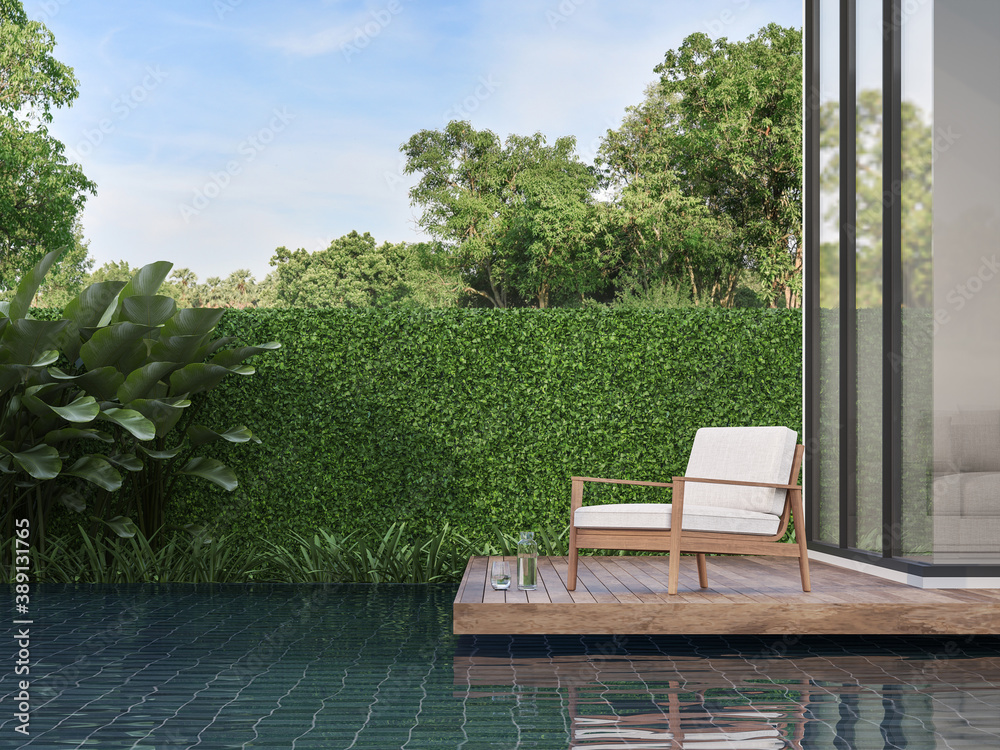 Modern contemporary terrace on the swimming pool 3d render, There are a ...