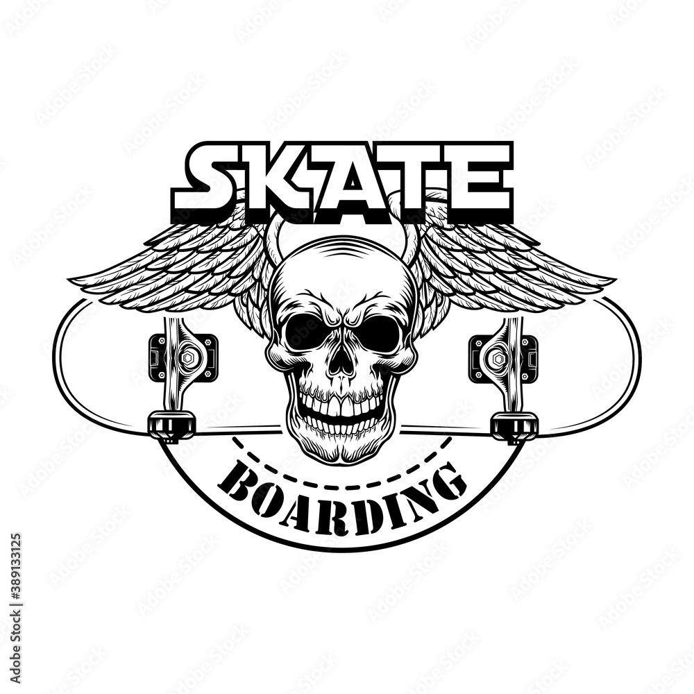 Skateboarding symbol vector illustration. Skull with angel wings ...