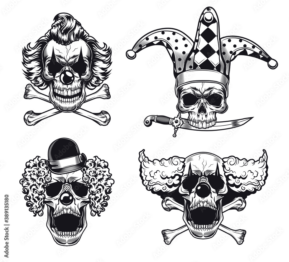Scary clowns skulls vector illustrations set. Collection of monochrome ...