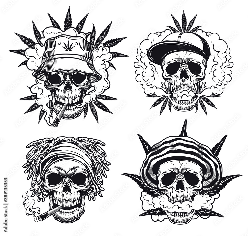 Vetor de Rastaman skulls vector illustrations set. Collection of ...