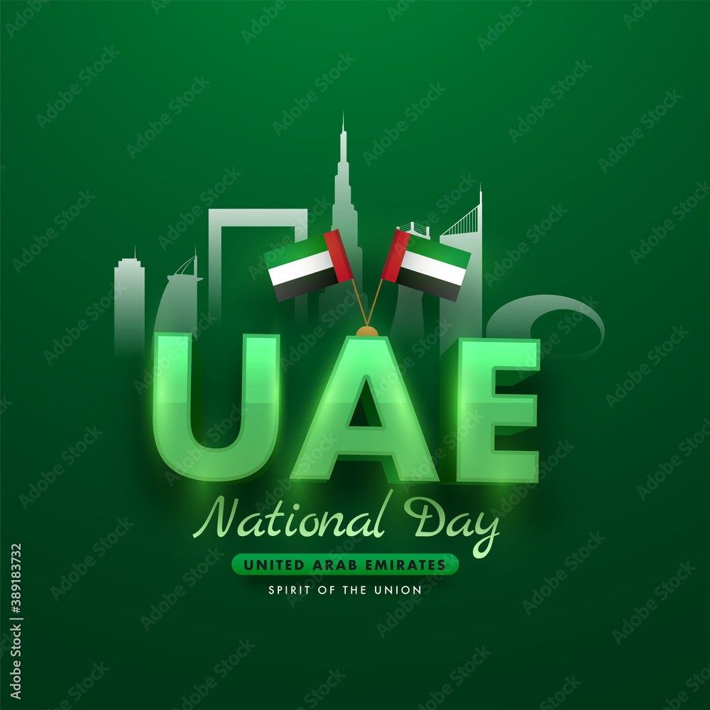 3D Glossy UAE Text With National Flags And Famous Architecture Or ...