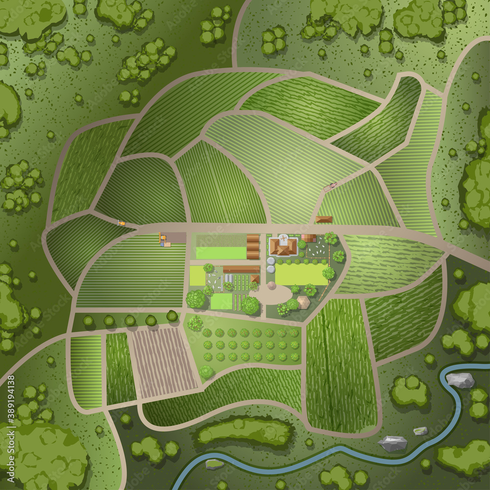Vector illustration. Green farm in the landscape. (top view) Stock ...