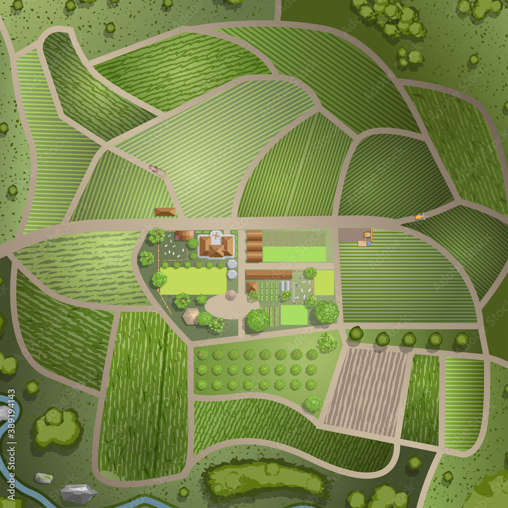 Vector illustration. Green farm in the landscape. (top view) Stock ...