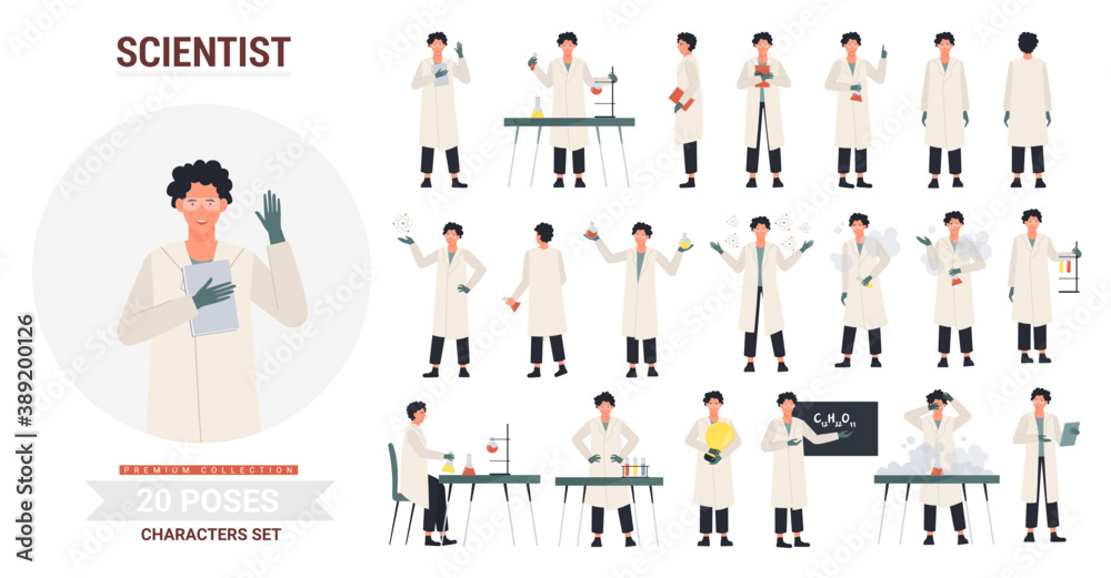 Scientist poses vector illustration set. Cartoon man character wearing ...