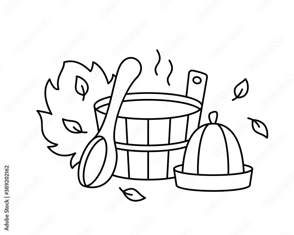 Sauna or bathhouse, line art emblem for coloring. Bath tools for ...