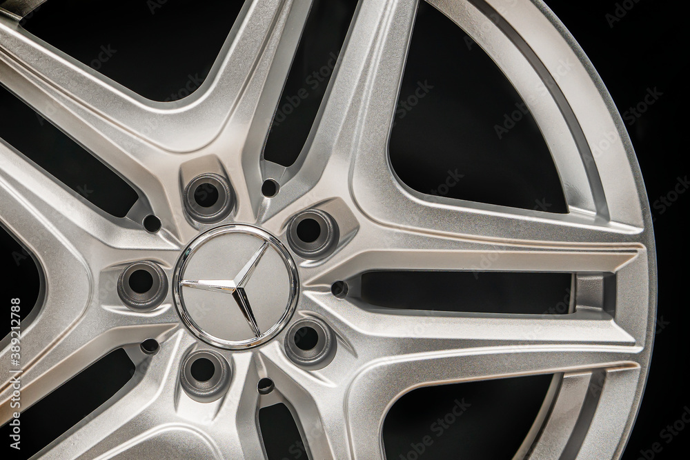 Mercedes Benz logo aluminum cast wheel, close-up, original silver wheel ...