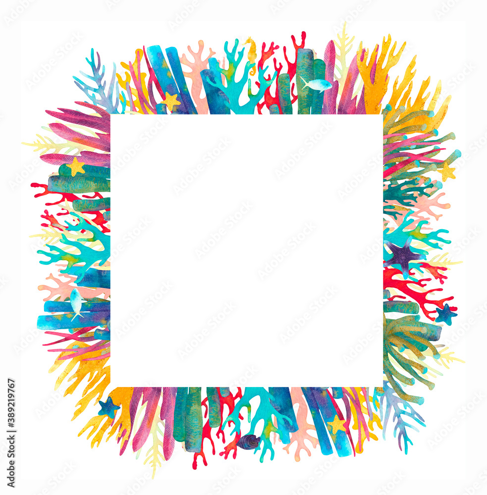 Coral reef watercolor illustration square frame. Hand drawn underwater ...