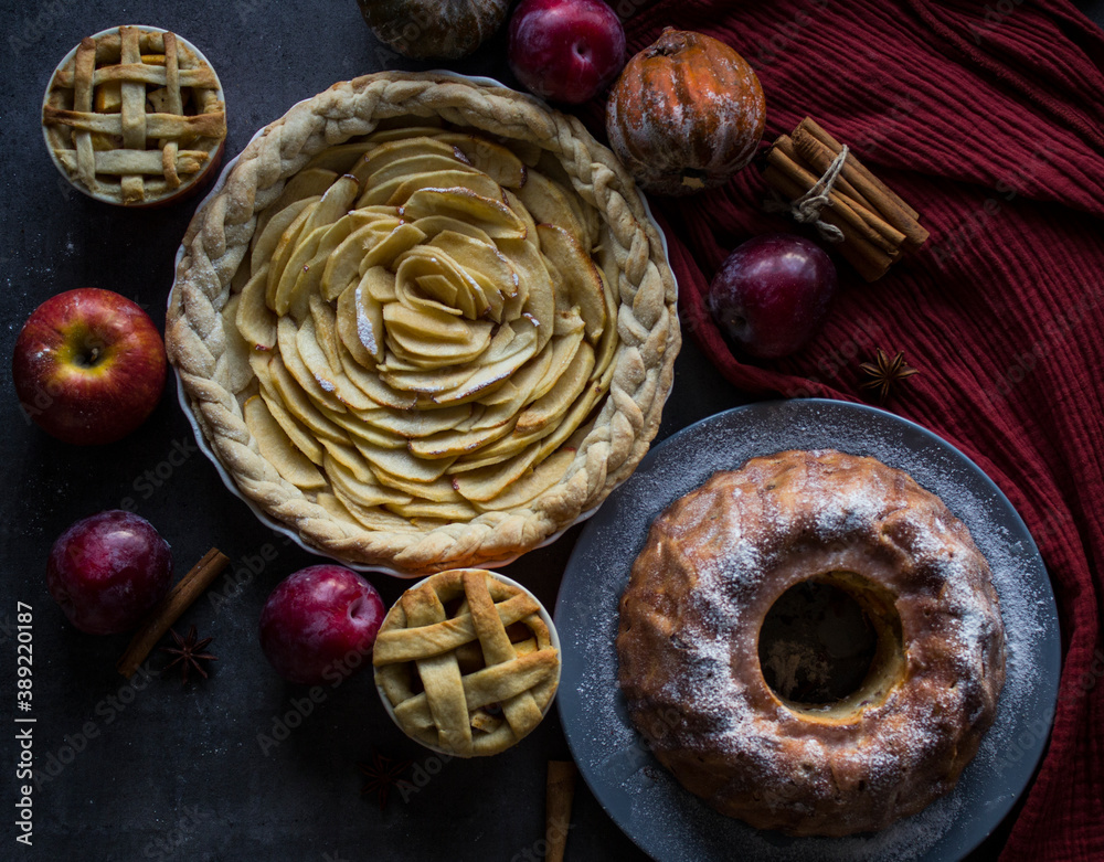 Lattice apple pie top view photo. Still life with different pastries ...