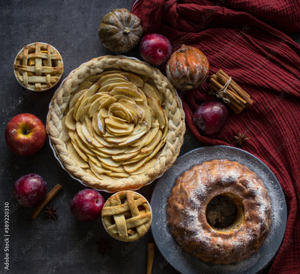 Lattice apple pie top view photo. Still life with different pastries ...
