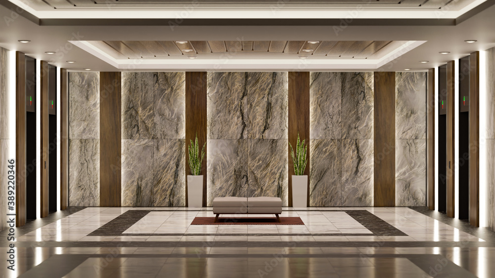 3D rendering luxury lobby interior near elevator with panoramic Stock ...