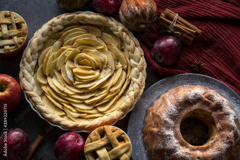 Lattice apple pie top view photo. Still life with different pastries ...