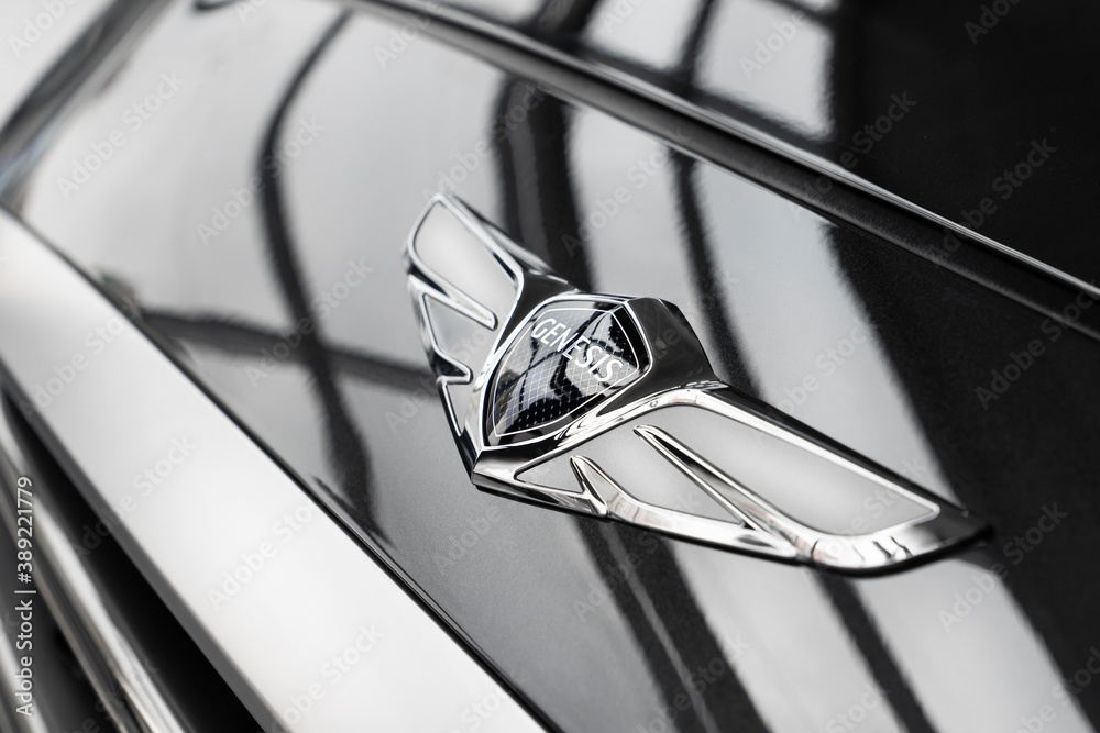 Genesis-the logo of a luxury sedan, Hyundai car brand on the hood of ...