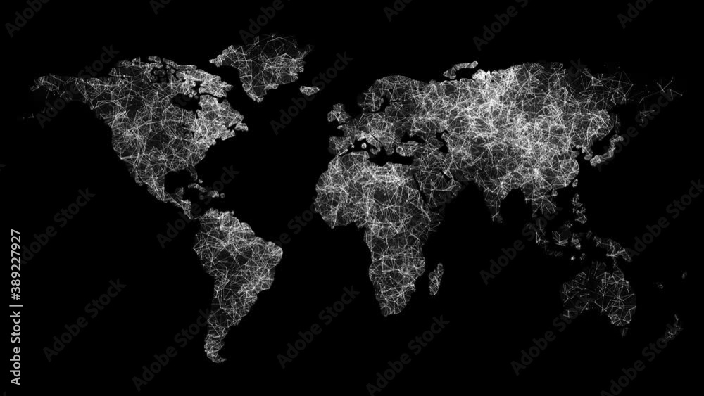 World map from glowing blinking particles and lines. Digital planet ...