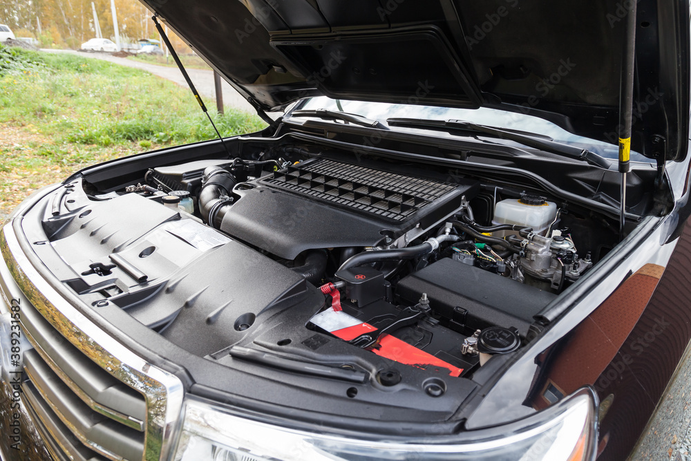 Front engine compartment with clean components and assemblies under the ...