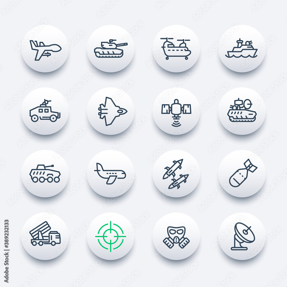 army, military line icons set, combat drone, tank, aviation, navy, ship ...