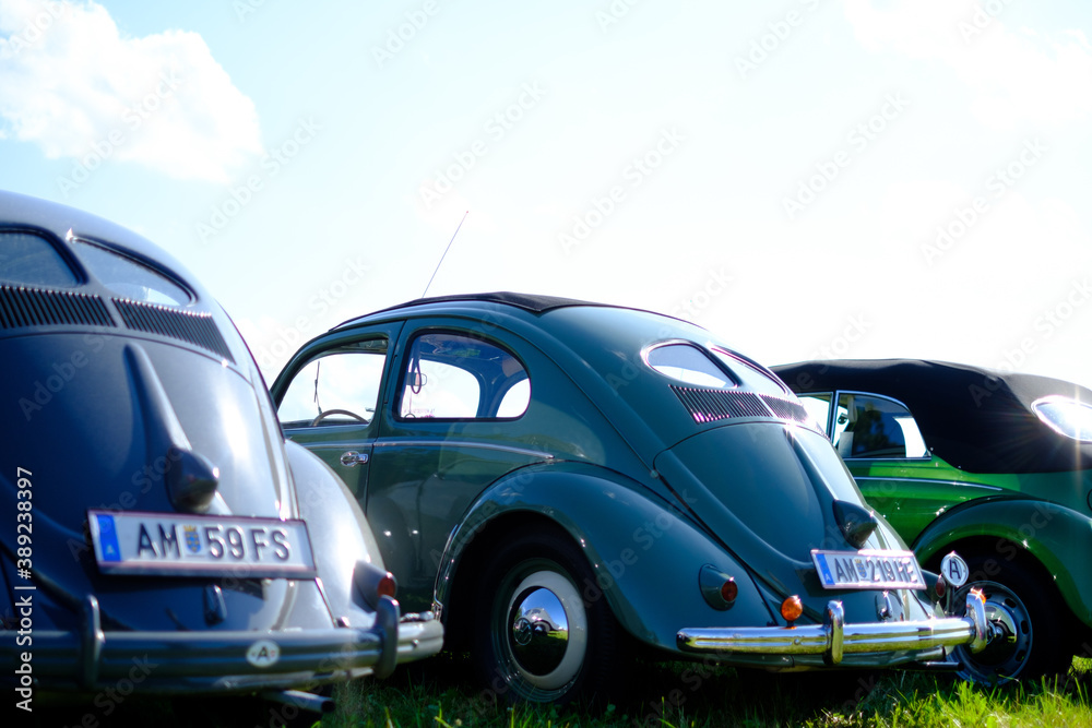 beetle "brezelk√§fer", vintage german compact car on mountain ...