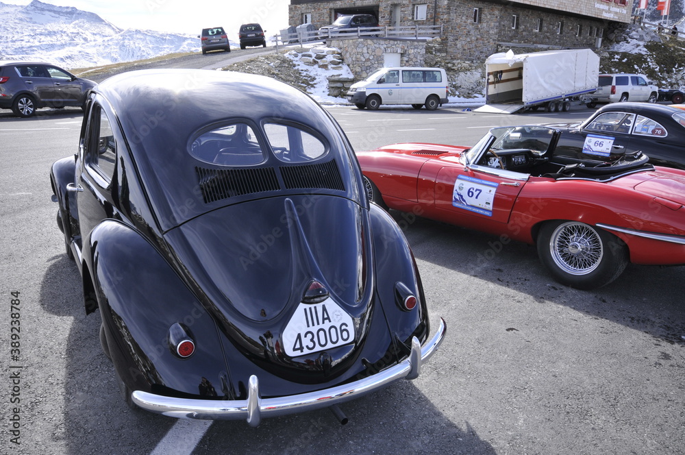 beetle "brezelk√§fer", vintage german compact car on mountain ...