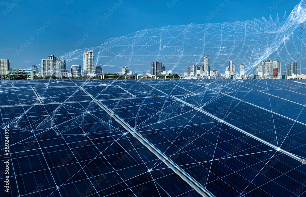 Smart green city concept.solar panels linkage to the city need power ...