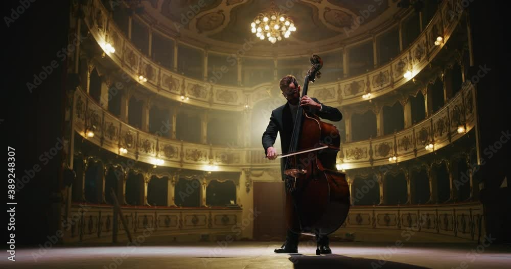 Cinematic shot of male cellist is playing cello solo on a classic ...