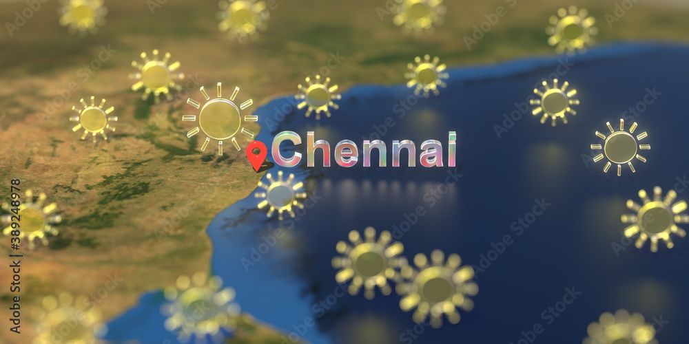 Chennai city and sunny weather icon on the map, weather forecast ...