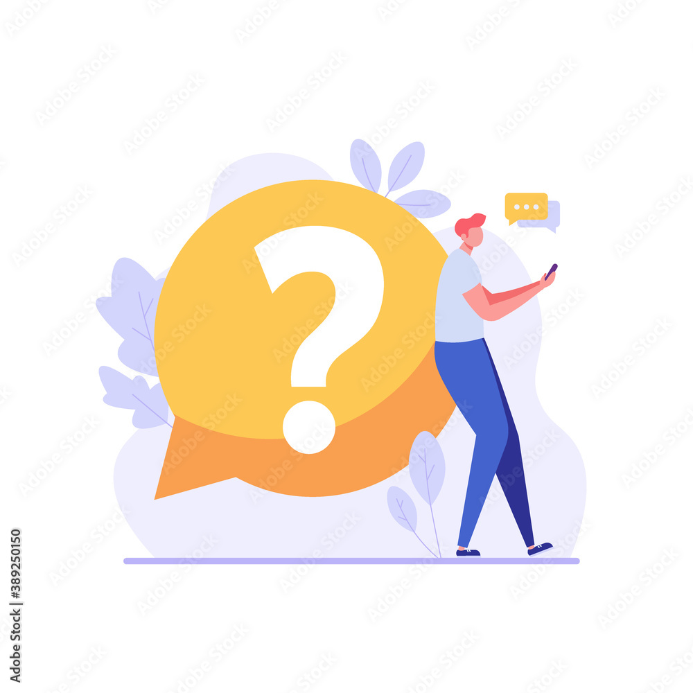 Man with big question mark. User asking frequently asked questions ...