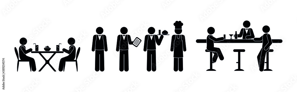 stick figure man, illustration of workers and restaurant visitors ...