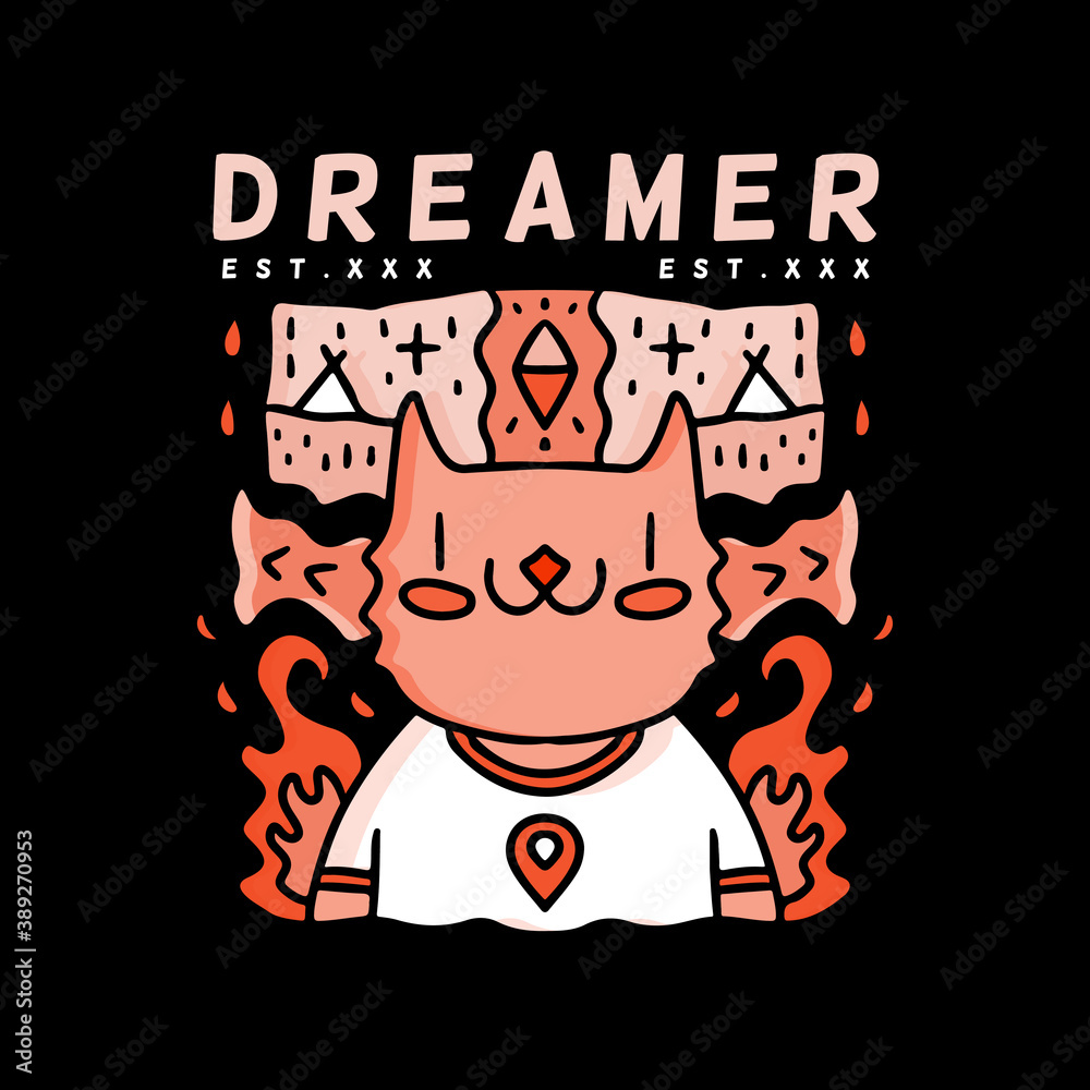 Cute hype cat with dreamer typography doodle illustration for poster ...