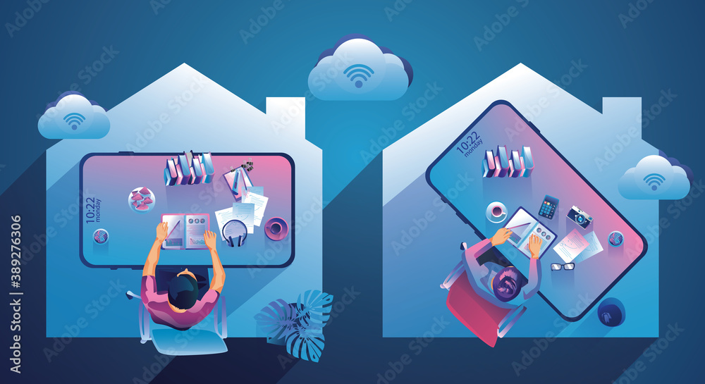 Vecteur Stock Businessman work at home Through Smartphone Top view of ...