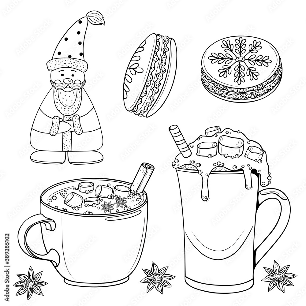 Vector holiday illustration with hot drinks, cakes and funny Santa ...