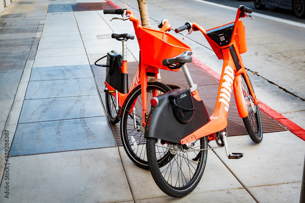 Santa Monica, California - October 09 2019: Jump dockless e-bikes ...