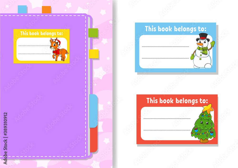 Book label stickers for kids. The rectangular shape. Christmas theme ...