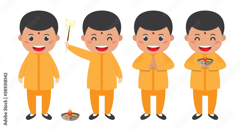 Diwali/Deepavali vector illustration with set of cute cartoon indian ...
