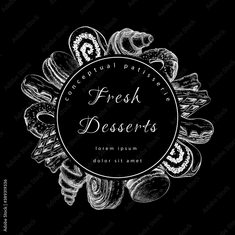 vector chalk pastry, bakery frame on black chalkboard. label, badge ...