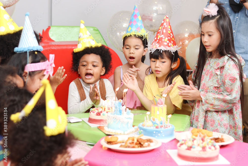 Happy birthday party event, group of adorable kids celebrate birthday ...