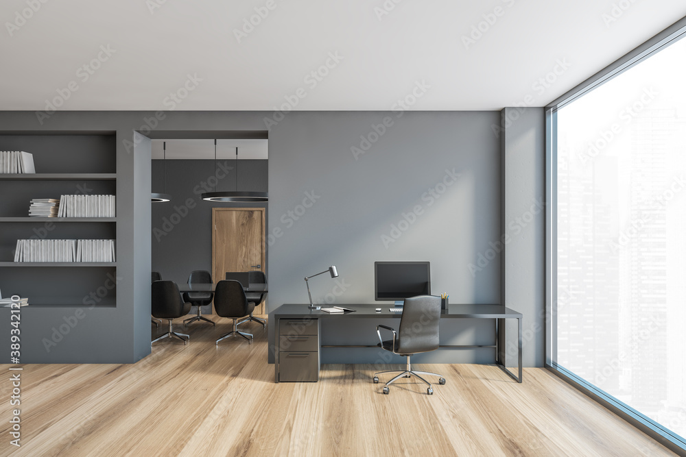 Office room, grey secretary and meeting room with bright window and ...