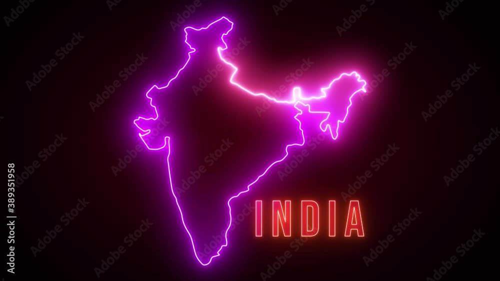 Red Purple Bright Light Mainland India Map And Lettering Neon Sign With ...