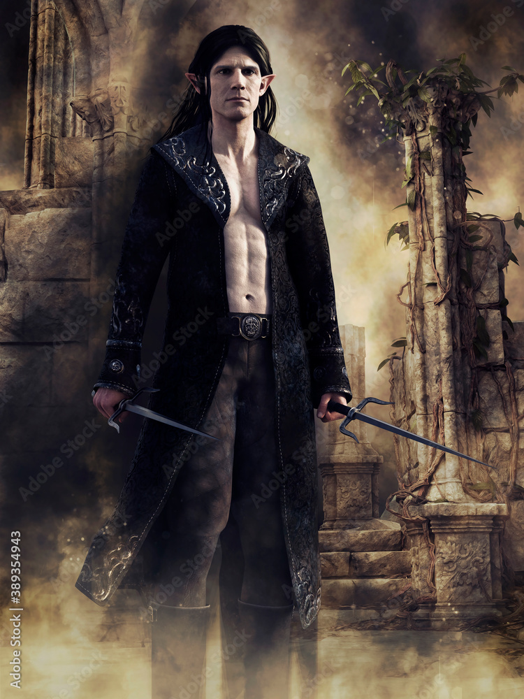 Fantasy elf assassin holding two short swords and standing in front of ...