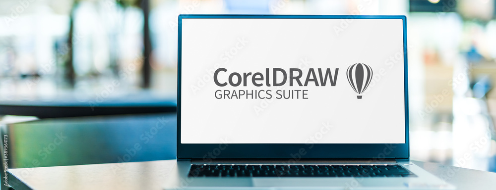 Laptop computer displaying logo of CorelDraw Graphics Suite Stock Photo ...