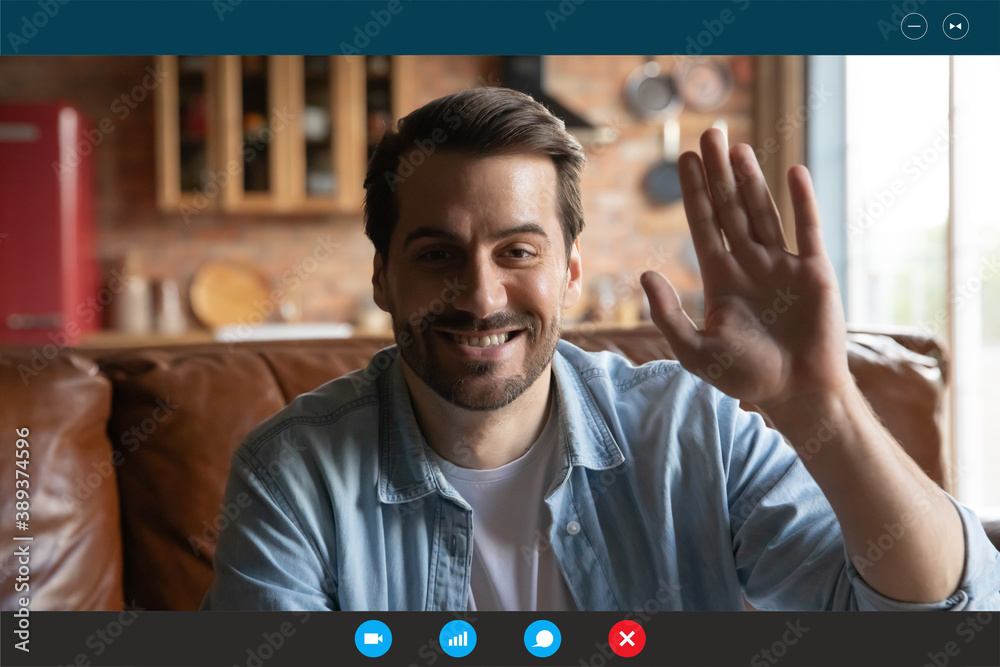 Head shot portrait screen view smiling young man waving hand, looking ...