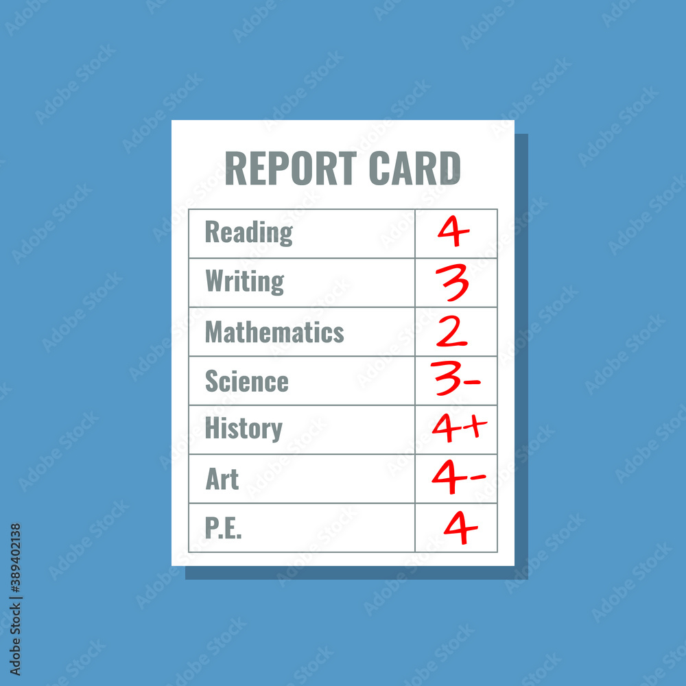 school report card with 4 3 2 grades, flat design vector illustration ...