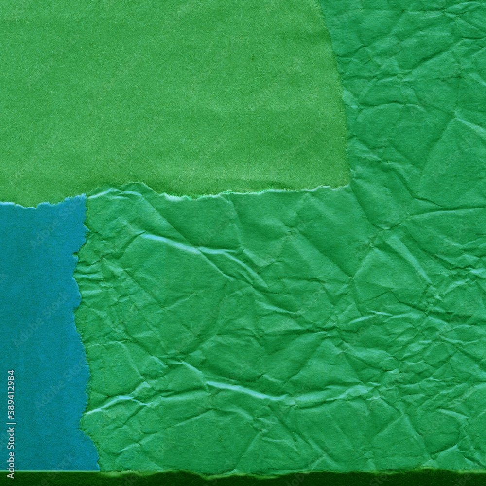 Green torn paper collage close-up. Texture made from various paper and ...